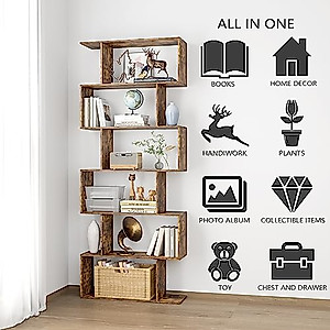 HOMEFORT Wooden Geometric Bookshelf,6-Tier S-Shaped Bookcase,6 Shelf Morden Bookshelves,Unique Freestanding Tall Book Shelf and Book Case for Bedroom and Living Room Home Office,Rustic Brown