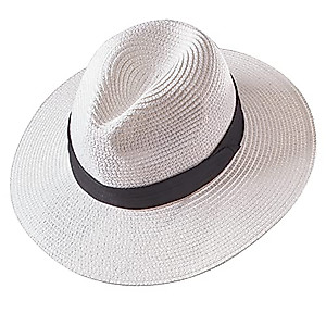 Happy Hippo Women's Wide Brim Straw Panama Hat Fedora Roll Up Beach Hat, Sun Hat UPF50+, Adjustable (White)