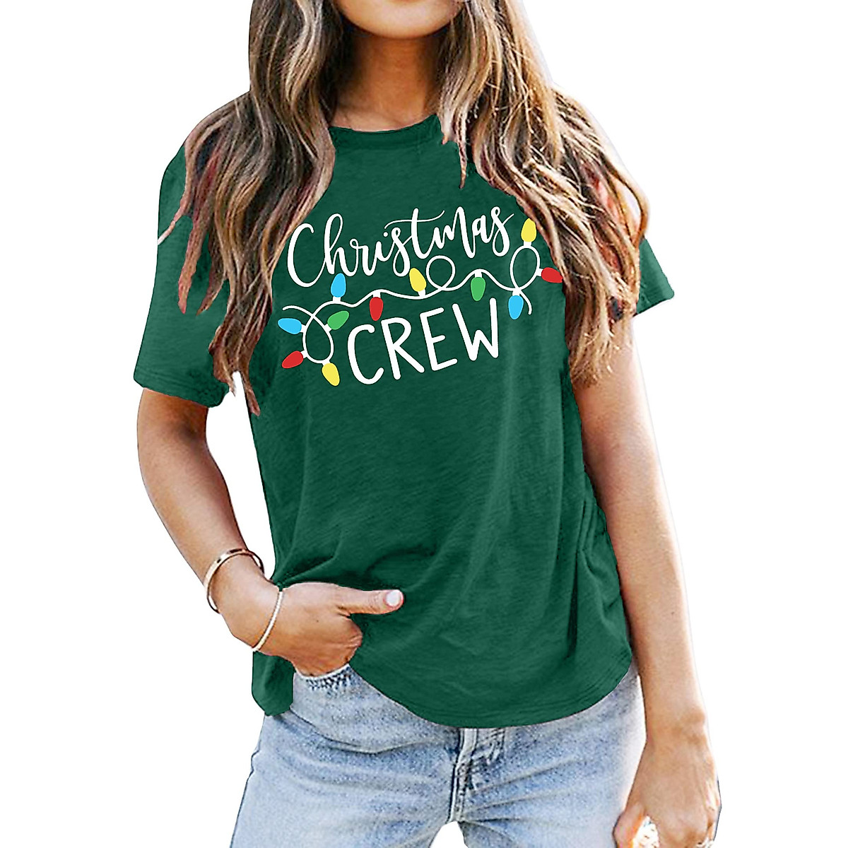 Christmas Crew Shirts for Women Xmas Shirt Top Short Sleeve Christmas Lights Print Graphic T Shirt Holiday Tees Green