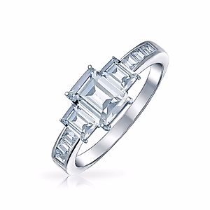 Personalize Art Deco Style 2CT AAA CT Rectangle Three Stone Past Present Future Emerald Cut Promise Engagement Ring For Women .925 Sterling Silver Baguette Side Stone Band Customizable
