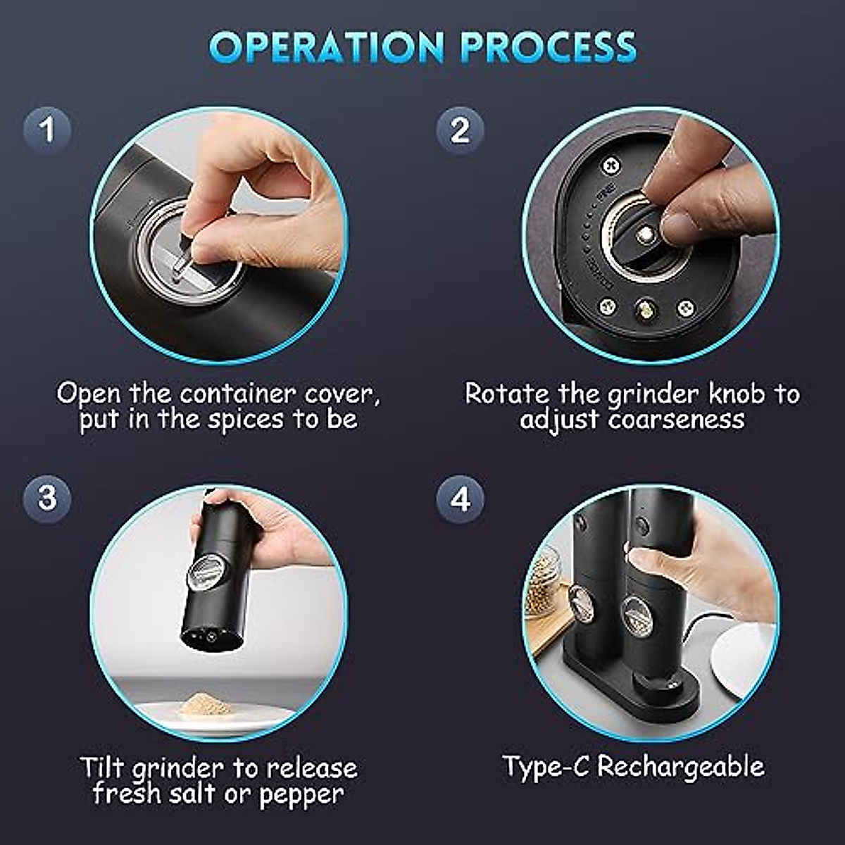 Rechargeable Electric Salt and Pepper Grinder Set, Adjustable Coarseness Automatic Salt or Pepper Mill Shakers, With Charging Base, USB Type-C Cable, LED Lights, One Hand Tact Switch Operation