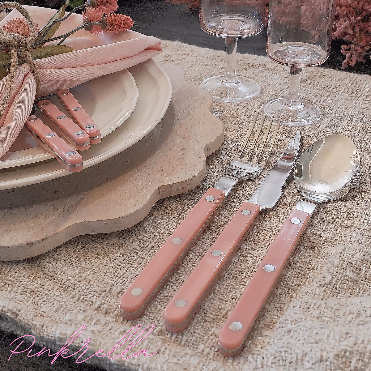 PINKRELLA 6-Piece Stainless Steel Flatware Silverware Cutlery Set - Color Handle with Rivet/Retro Style - Includes Dinner Knife; Dinner Fork; Salad Fork; Soup Spoon; Teaspoon; Spreader (PINK)