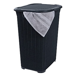 Plastic Laundry Hamper with Lid, Knit Designed Laundry Hamper Basket, 50 Liter White Smoke Cloths Hamper Organizer with Cut-out Handles. Space Saving for Laundry Room Bedroom Bathroom.