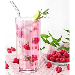 16oz Ribbed Drinking Glasses Set of 8, Clear Reusable Ribbed Glassware, Iced Coffee Cup, Cocktail Can Beer Glasses Cups with Straws, Vintage Wine Boba Tea Water Glass Tumbler, Cute House Warming Gifts