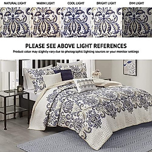 Madison Park Quilt Traditional Damask Design All Season, Lightweight Coverlet Bedspread Bedding Set, Matching Shams, Pillows, King/Cal King(104"x94"), Navy/White 6 Piece