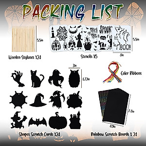 OuMuaMua 77pcs Halloween Scratch Art for Kids - Rainbow Scratch Paper Arts and Crafts Kit, Pumpkin Ghost Zombie Witch Scratch Art Hanging Ornaments for Halloween Birthday Kids Activities Gifts