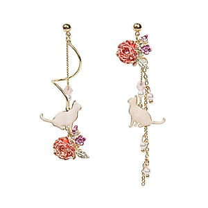 Pink Flower Pearl Sakura Leaf Earrings Ginkgo Biloba Cat Fairy Flower Statement Earrings For Women-Cat and Flower