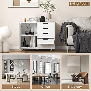 Giantex Lateral File Cabinet with Shelves - 5 Drawer Office Cabinet, Rolling Storage Organizer with 5 Casters, 5-Position Adjustable Shelf, Mobile Filing Cabinet, Printer Stand with Storage, White