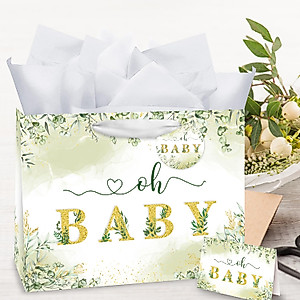 Mpanwen 16" Large Sage Green Baby Gift Bag, Baby Gift Bag for Girl Boy with Tissue Papers and Card