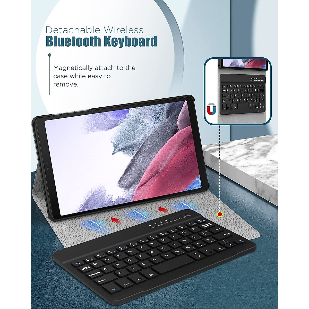 MoKo Keyboard Case Compatible with Samsung Galaxy Tab A7 Lite 8.7-Inch 2021 (SM-T225/T220/T227), Slim Lightweight Stand Cover with Magnetically Detachable Wireless Bluetooth Keyboard, Marble White