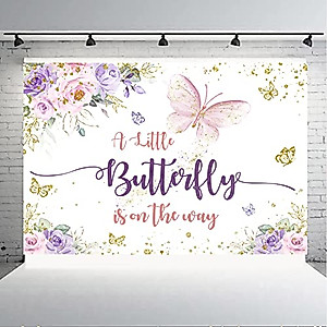 Aperturee 6x4ft Butterfly Baby Shower Backdrop A Little Butterfly is on The Way Photo Purple and Pink Floral Gold Spots Flowers Photography Background Princess Girl Party Decoration Banner Photo Booth