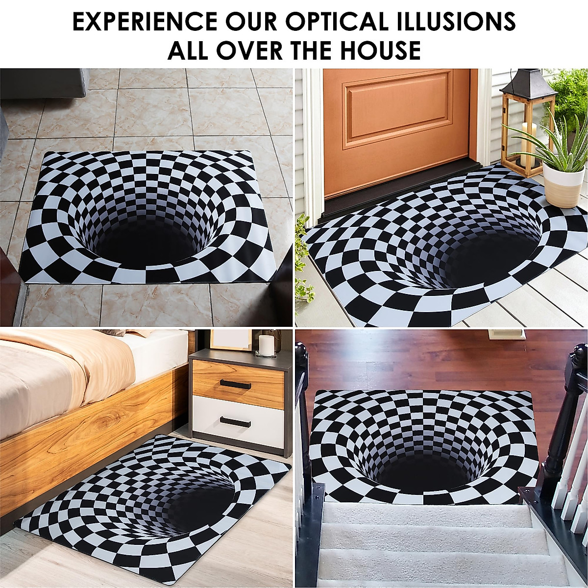 Unusuall 3D Optical Illusion Rug - Vortex Illusion Floor Mat for Door Entrance, Bathroom, Stairs, playroom, Living Room, or Area (Black and White, 26.5 x 17 Inch)