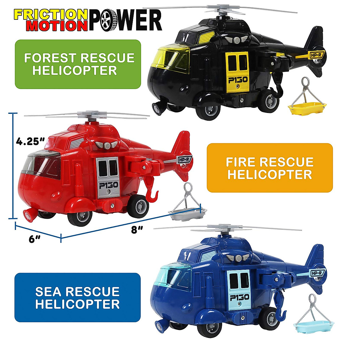 Helicopter Toys for Boys [3 Pack] | Kids Rescue Play Set Friction Powered with Realistic Lights & Sounds | Includes Police, Fire & Rescue Team