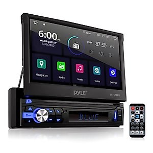 PyleUsa Car Stereo Video Receiver - Multimedia Player, BT Wireless Streaming, Hands-Free Talking, Motorized Fold-Out 7’’ Touchscreen Display, MP4/MP3/USB/SD/AM/FM Radio, Single DIN - PLTS73UB