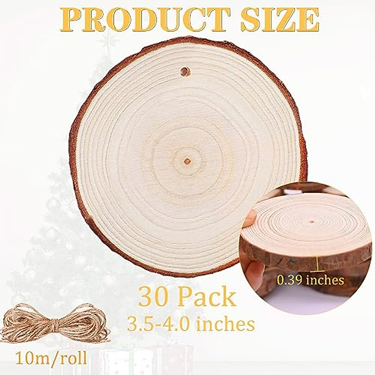 Unfinished Wood Slices, 30Pcs 3.5-4 inch Craft Wood Rounds kit Circles Crafts Christmas Ornaments DIY Crafts with Bark for Crafts Rustic Wedding Decoration
