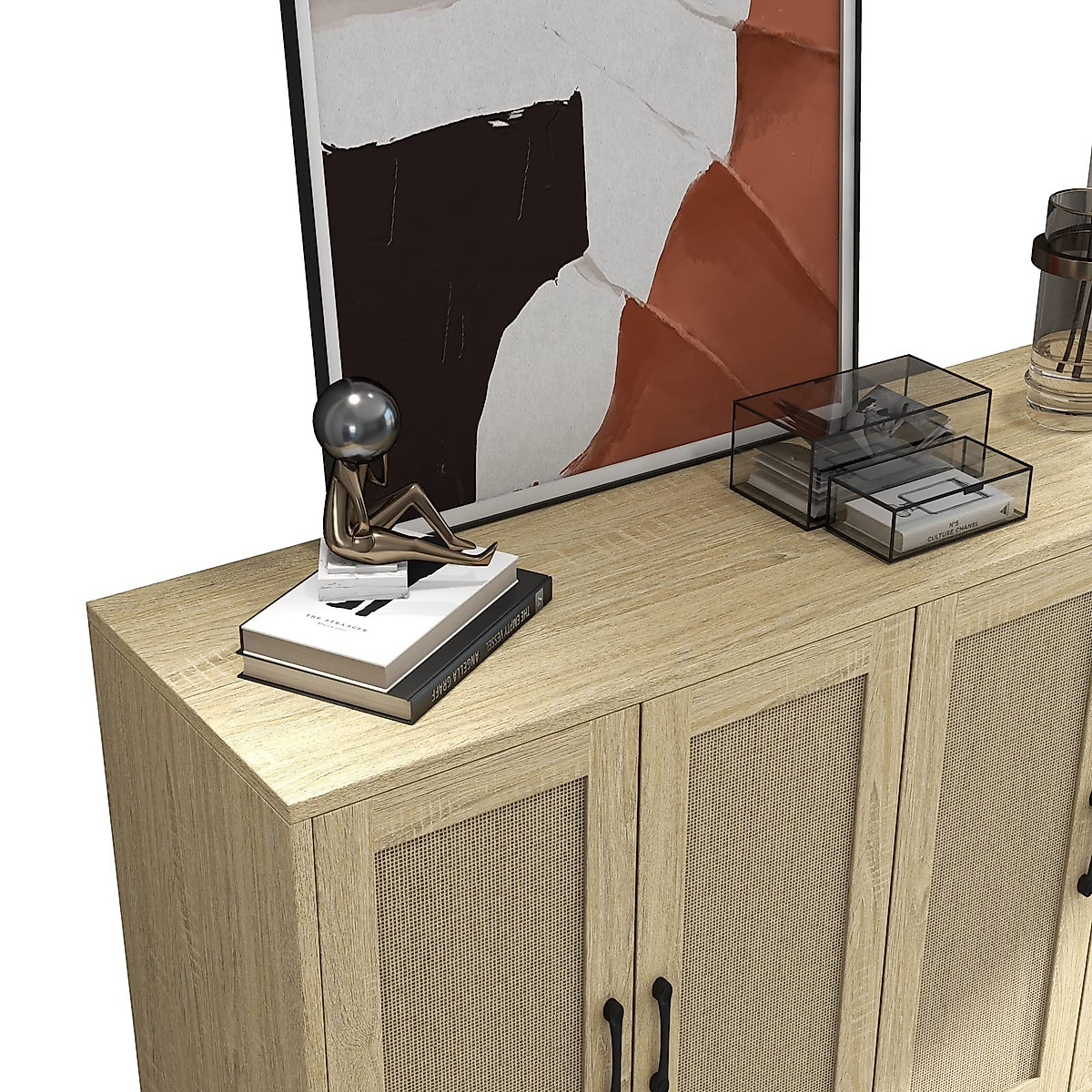 Panana Buffet Storage Cabinet with Rattan Decorating 4 Doors Living Room Kitchen Sideboard 48.43 x 34.65 x 15 inch (Natural Wood)