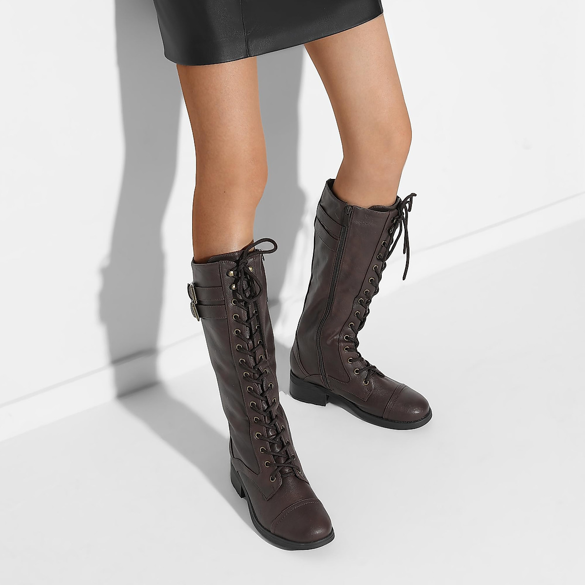 DREAM PAIRS Women's Pu Knee High Riding Combat Boots,Size 11,Brown,Georgia