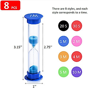 IGOOLEE 8 Pcs Sand Timer Colorful Hourglass Sandglass Sand Clock Timers Set 20sec / 30sec / 1min / 2mins / 3mins / 4mins / 5mins / 10mins for Kids Brushing Teeth, Cooking, Game, School, Office