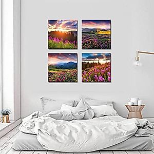 Noah Art-Modern Landscape Art Print Posters, Sun Light over Mountains Wall Art Pictures of Flowers on Canvas Print, 4 Piece Sunrise Canvas Art Ready to Hang Outdoor Wall Art for Bathroom Wall Decor
