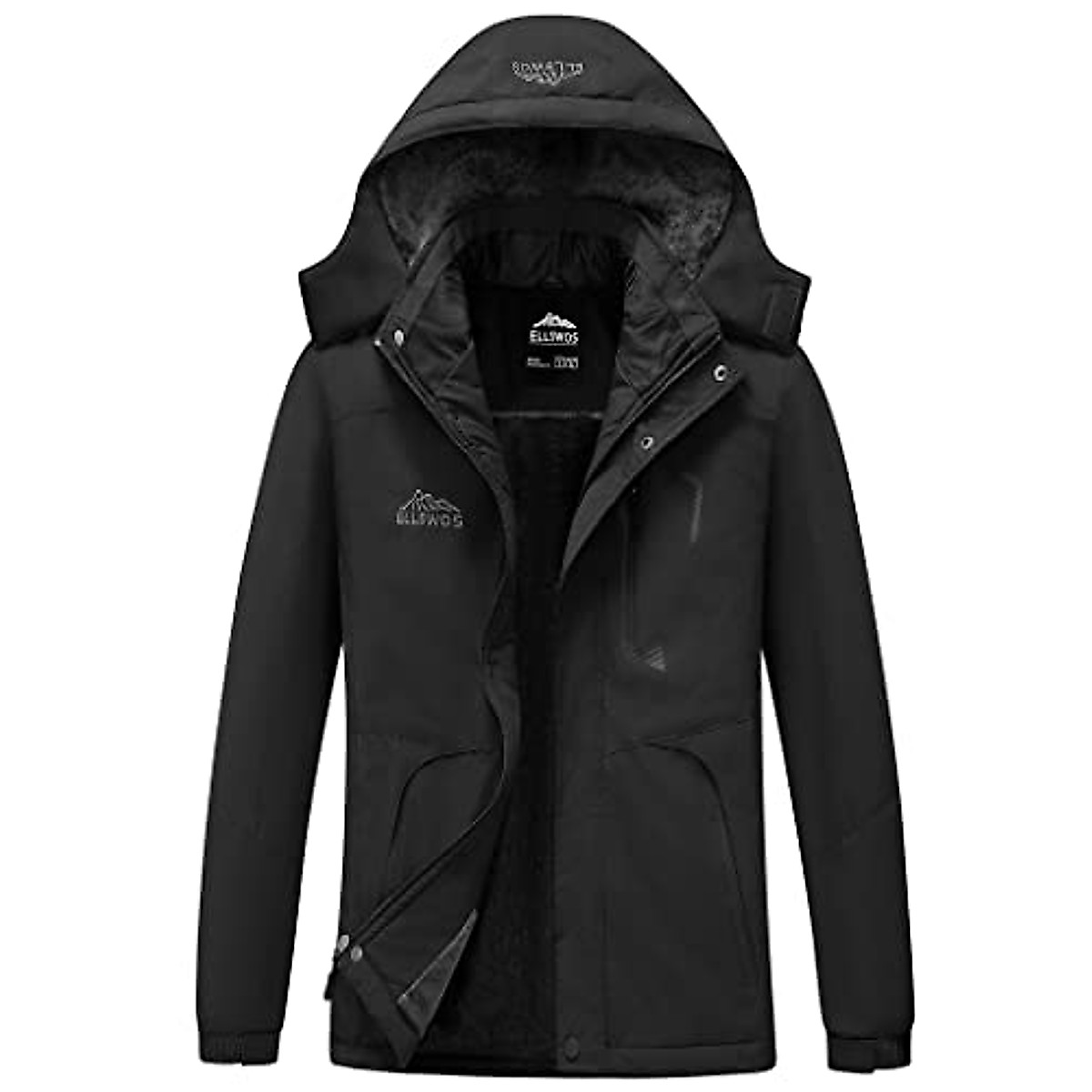 ELLSWOS Men's Waterproof Ski Jacket Winter Snow Coat Warm Hooded Raincoat Windproof Windbreakers, Black, Medium