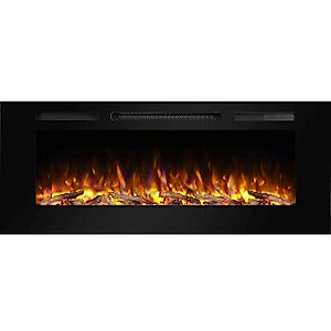PuraFlame Alice 50 Inches Recessed Electric Fireplace, Flush Mounted for 2 X 6 Stud, Log Set & Crystal, 1500W Heater, Remote Control, Black