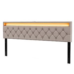 IKIFLY Upholstered King Size Headboard with LED Lights & 2 USB Ports - Adjustable Height - Button Tufted Linen Fabric Padded Headboard, Easy Assembly, King Headboard Only for Bedroom - Light Brown