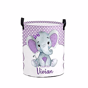 Custom Elephant Purple Laundry Hamper Personalized Laundry Basket with Name Storage Basket with Handle for Bathroom Living Room Bedroom