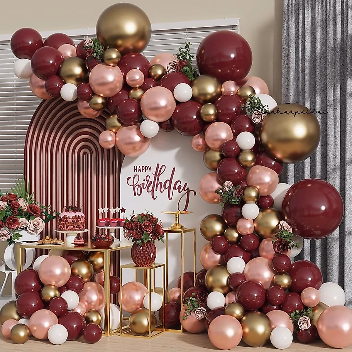 MEBAY Burgundy Balloon Arch Kit, 141 Pcs Maroon Metallic Chrome Gold Rose Gold and White Latex Balloons Different Sizes 18 12 10 5 Inch for Birthday Wedding Anniversary Bridal Bachelorette Wine Party