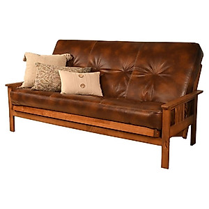 Pemberly Row 75" Traditional Full-Size Faux Leather Futon Mattress with Hinged Innerspring, Foam Construction, in Saddle Brown Finish, Frame Not Included