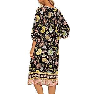 AVIIER House Dress Womens 3/4 Sleeve Floral Print Nightdress with Pockets (Black Flower, Large)