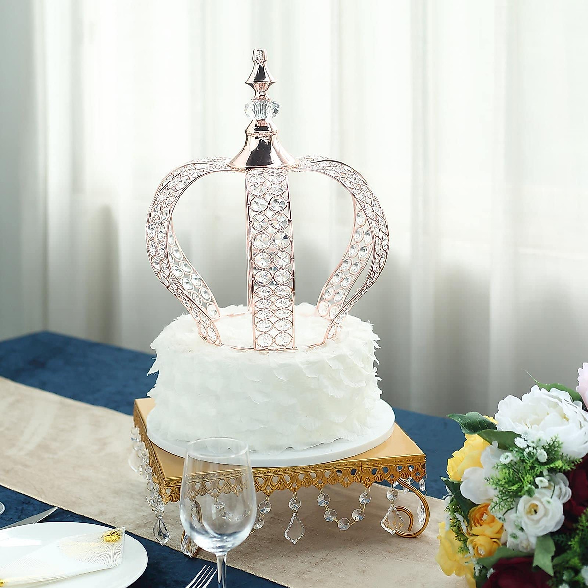 TABLECLOTHSFACTORY 14" Rose Gold Crystal Metallic Royal Crown Cake Topper with 168 Acrylic Beads For Wedding Birthday Party Special Event