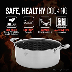Hell's Kitchen Hybrid 7.5 Qt Pot and lid, Tri-Clad Stainless Steel and Nonstick Ceramic, PFAS Free, no PFOA, PTFE, or Teflon, Non Toxic Cookware, Metal Utensil Safe, All Cooktops and Oven Safe