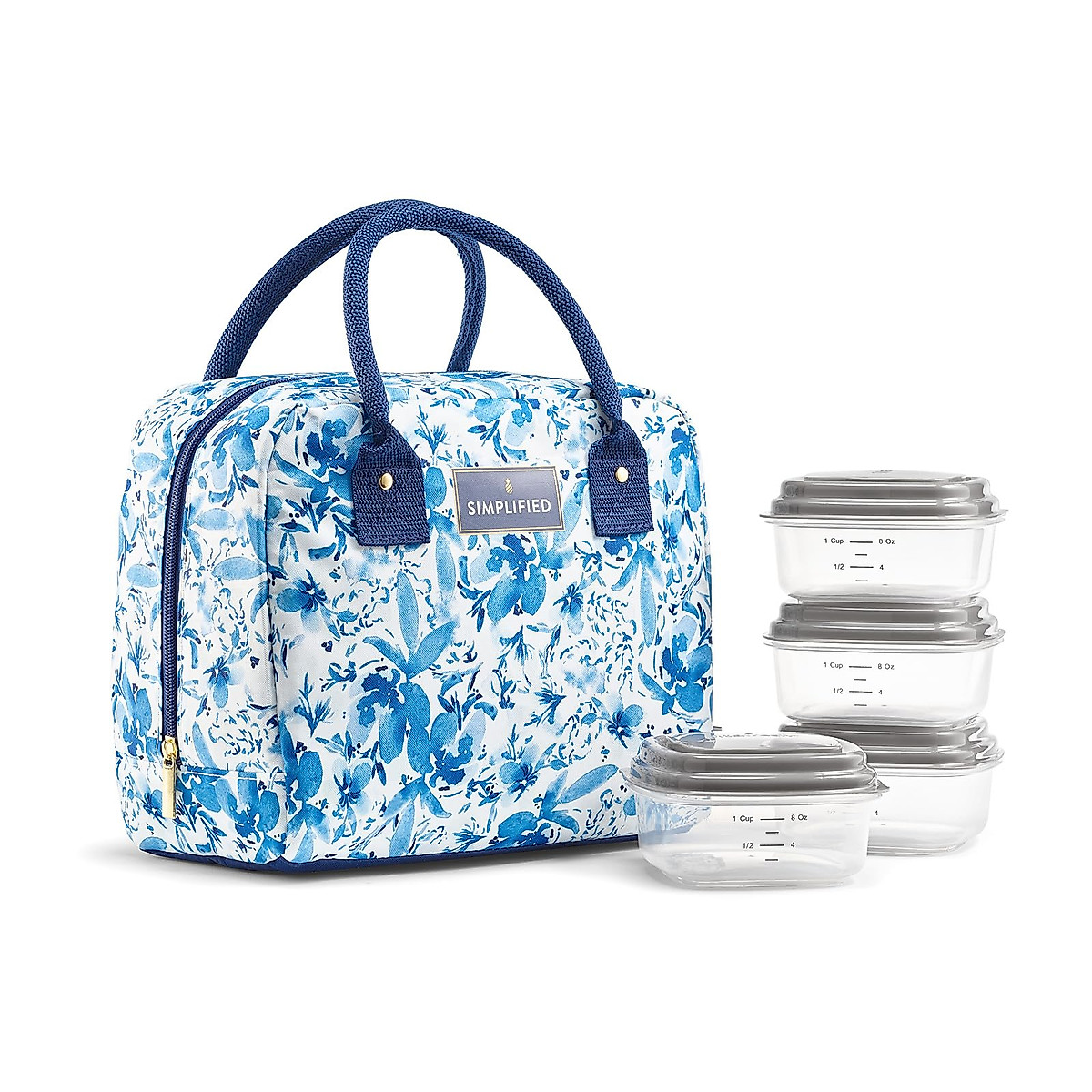 Fit & Fresh Lunch Bag For Women, Insulated Womens Lunch Bag For Work, Leakproof & Stain-Resistant Large Lunch Box For Women With Containers, Zipper Closure Bloomington Bag Blue Floral