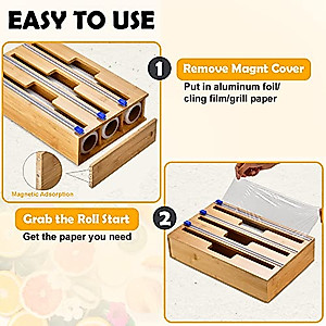 CASAMAY Foil and Plastic Wrap Organizer - Bamboo 3 in 1 Dispenser with Cutter & Labels, Wax Paper, Foil Organization Storage for 12 inch Roll or Less