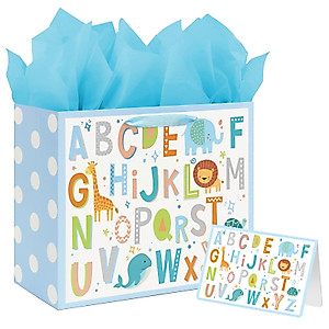 13" Large Baby Boy Gift Bag with Tissue Paper and Greeting Card for Baby Shower Birthday (ABC Alphabet Animal)