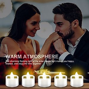 Kittmip 18 Pieces Solar Tea Lights LED Flameless Solar Candles Battery Flickering Waterproof Candles for Wedding Holiday Party Home Decor(1.5 x 1.4 Inch,Yellow Light)