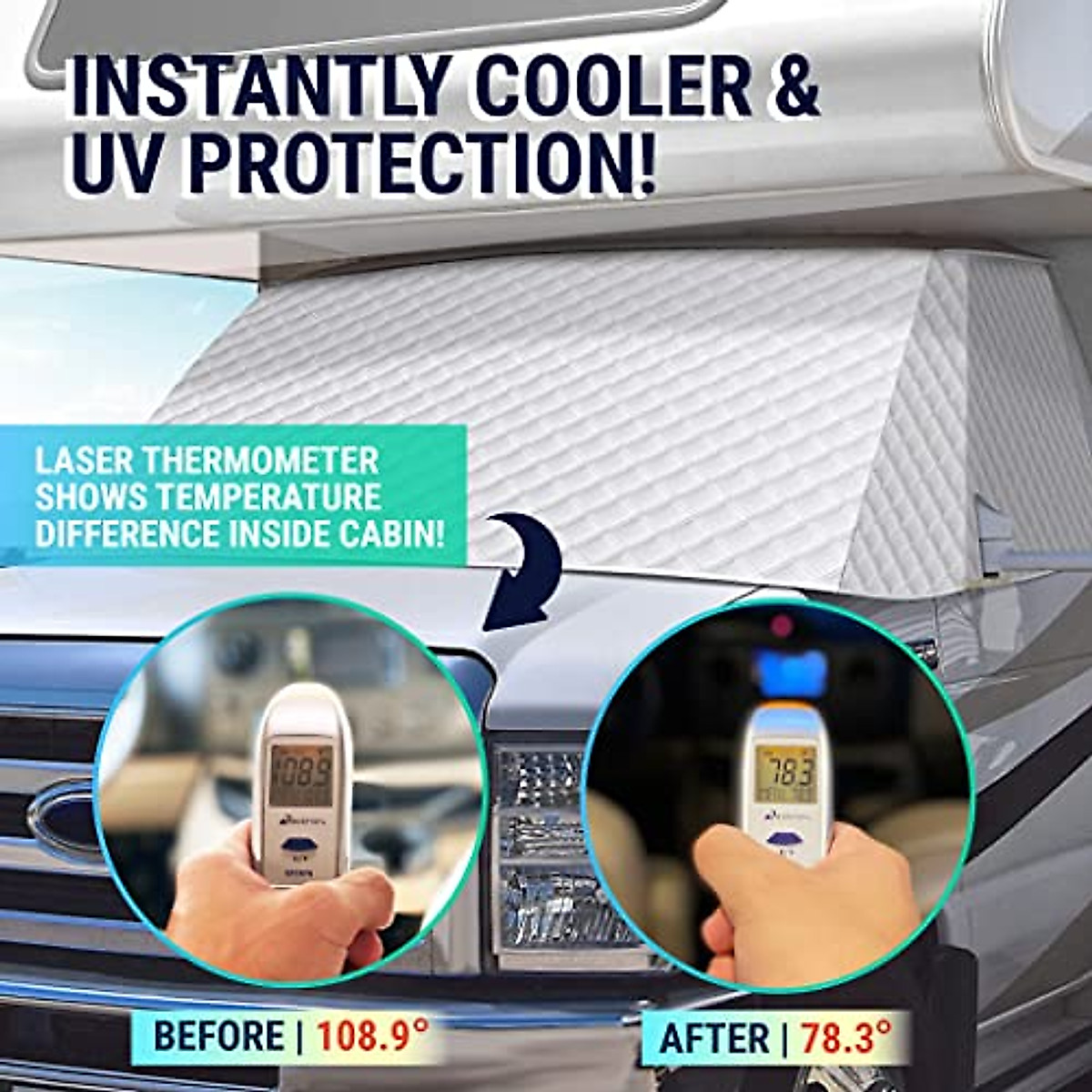 LATCH.IT RV Windshield Cover Class C | RV Front Windshield Cover Class C Compatible with Ford 1997-2023 | Class C Motorhome Windshield Cover w/Upgrade Mirror Cutouts and Elastic Corner Bands
