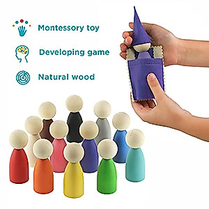 Ulanik Large Peg Dolls with Hats and Beds Toddler Montessori Toys for 3 Year Old + Wooden Waldorf Dolls for Learning Color Sorting and Counting — 12 Gnomes