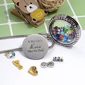 Veeshy A Mothers Love Has No End Floating Locket Necklace Pendant with Charms & 24PCS Birthstones, Mother's Day Birthday Xmas Gifts
