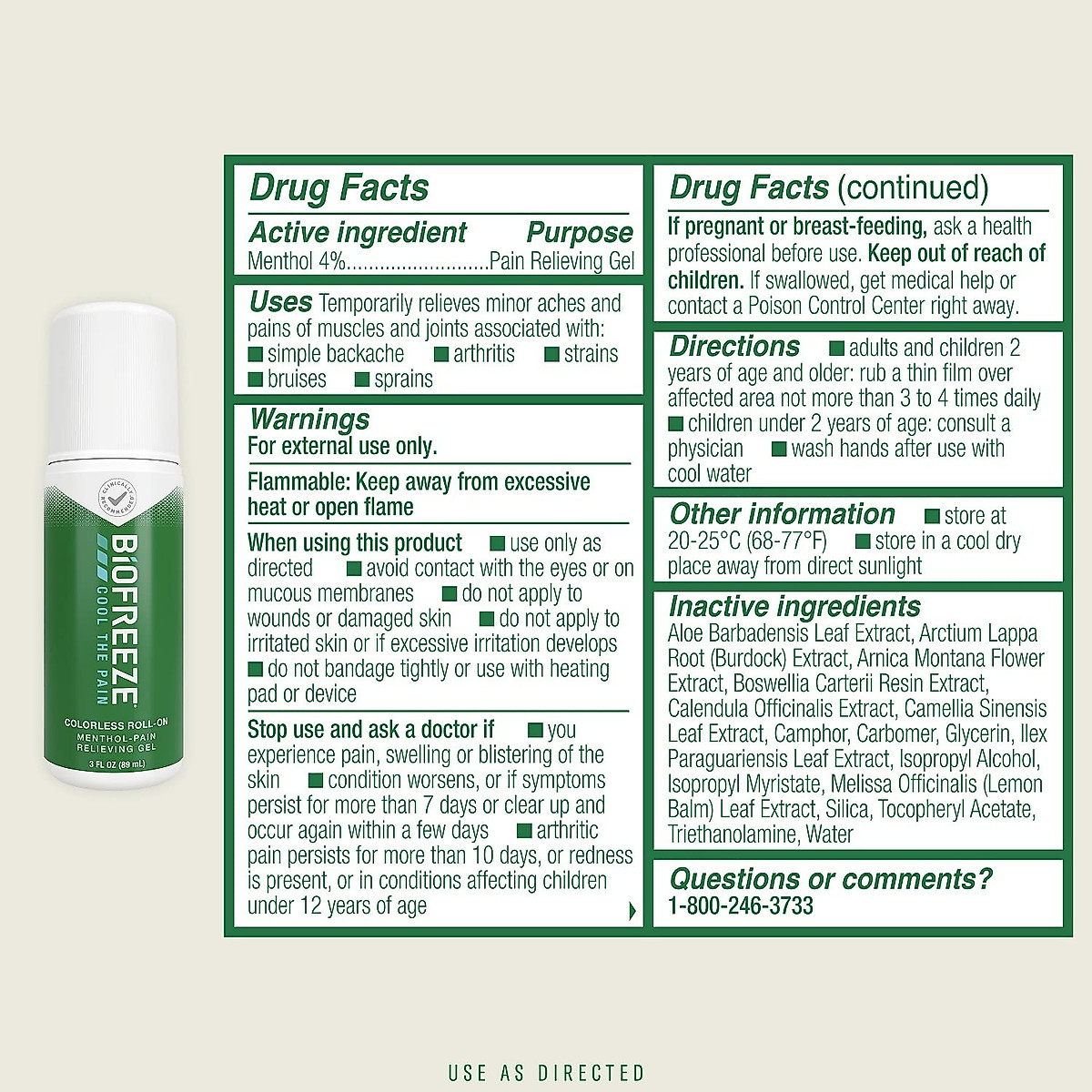 Biofreeze Menthol Pain Relieving Foam 3 FL OZ Roll-On Pain-Relieving Gel 3 FL OZ