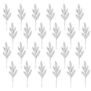 Dolicer 24PCS Artificial Silver Glitter Leaf Fake Plants Silver Leaves Christmas Glitter Leaf Spray Christmas Floral Vase Arrangement Bouquets for Christmas Tree Wedding Home Garden Party Gift Decor
