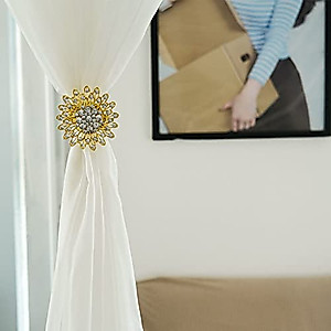 Tableclothsfactory 2 Pack | 4" Gold Crystal Flower Magnetic Backdrop Curtain Tie Backs, Metallic Window Drapery Panel Buckle Clips