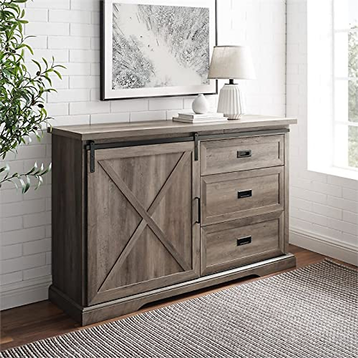 Walker Edison Modern Farmhouse Wood Sliding X Barn Door Buffet Sideboard Living Room Entryway Serving Storage Cabinet Doors-Dining Room Console 56 Inch, Grey Wash