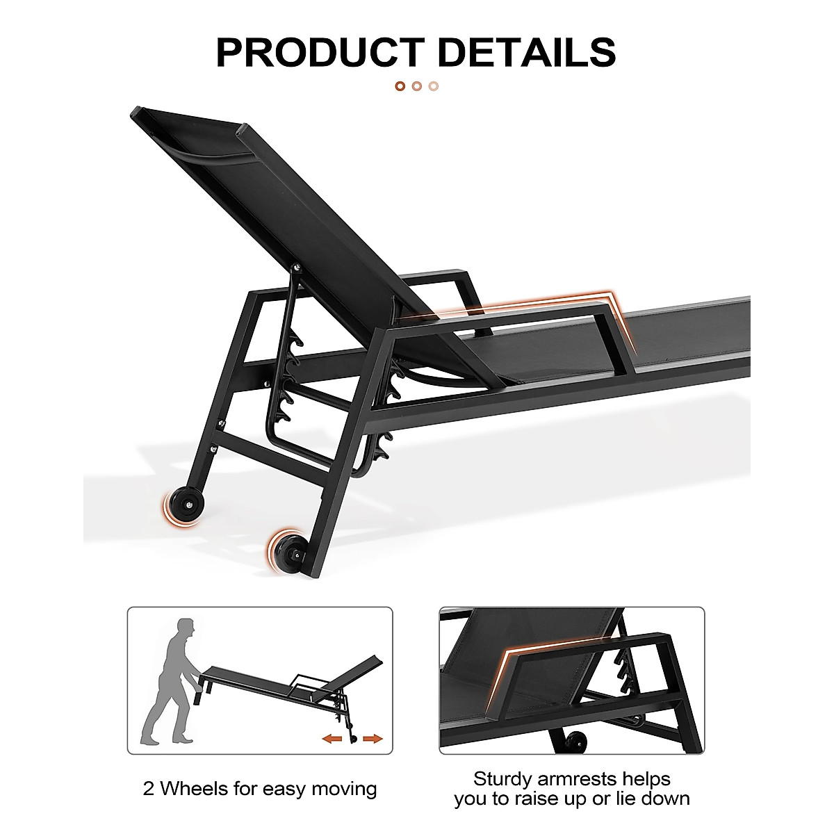 Crestlive Products Outdoor Lounge Chair with Wheels and Armrest, Extra Large Pool Lounge Chairs Set of 2, Aluminum with Adjustable 5 Backrest for Outside, Patio, Beach, Yard