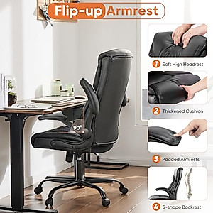 OLIXIS Ergonomic Home Office Desk Chair - Executive Big Tall High Back with Comfy Lumbar Support & Flip Up Armrest, PU Leather Computer Gaming Task Chairs with Swivel Wheels, Height Adjustable, Black