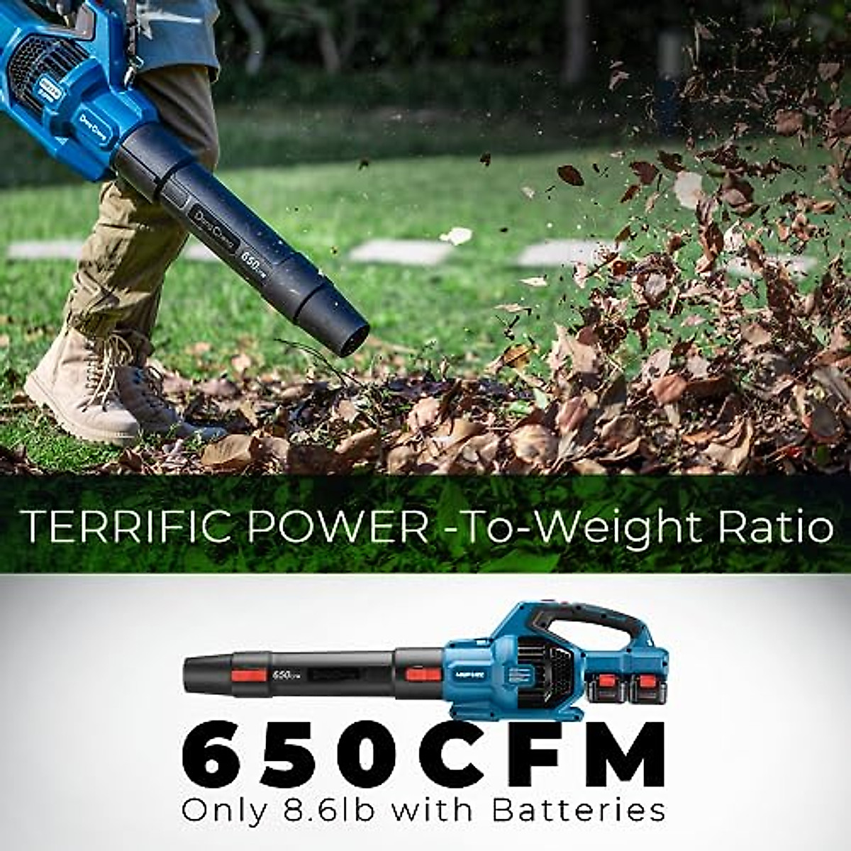 DongCheng Leaf Blower - 650CFM, 40V Cordless Leaf Blower with 2 4.0Ah Batteries, Advanced Brushless Motor, Shoulder Strap. Electric Leaf Blower for Lawn Care, Cleaning Yard & Road