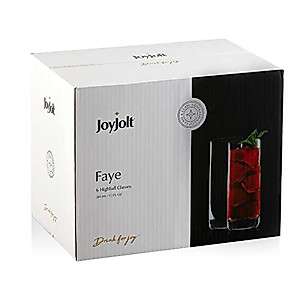 JoyJolt Faye 13oz Highball Glasses, 6pc Tall Glass Sets. Lead-Free Crystal Glass Drinking Glasses. Water Glasses, Mojito Glass Cups, Tom Collins Bar Glassware, and Mixed Drink Cocktail Glass Set