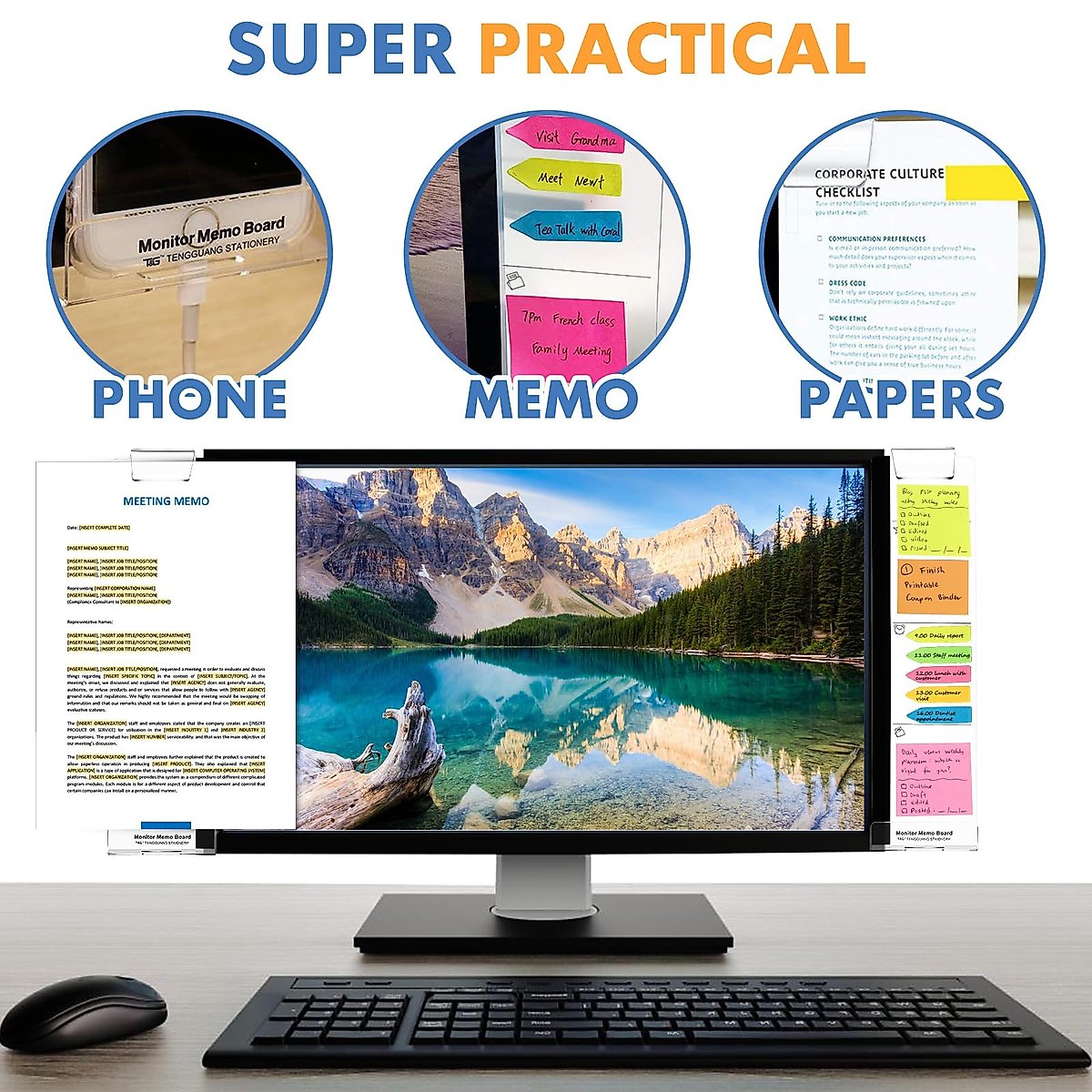 Barelove 2 Pack Monitor Memo Board Left/Right + 3 Pen Containers Storage+ Sticky Notes, Computer Sticky Note Holder Computer Screen Desktop Organizer Accessories for Office Desk Students
