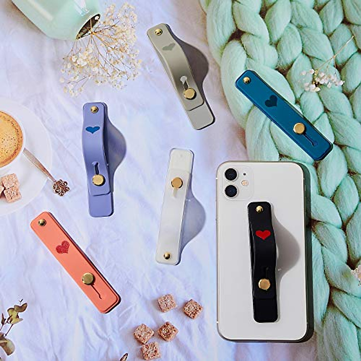 6 Pieces Phone Finger Grip Portable Telescopic Finger Strap Bracket Silicone Mobile Phone Ring Stand Phone Grip Finger Strap for Most Mobile Phones (Orange, Blue, Purple, Black, White, Gray)