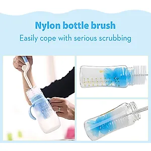 Baby Bottle Brush Set, Baby Bottle Cleaner, Harbiss Rotary Baby Bottle Cleaning Brush with Nipple Cleaner and Straw Cleaner Brush and Additional Sponge Brush kit, No soapy Water Splashing, Blue